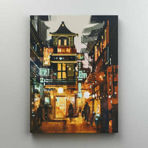 Интерьерная картина на холсте "Торговый центр и кафе с подсветкой в ночное время" размер 45x60 см