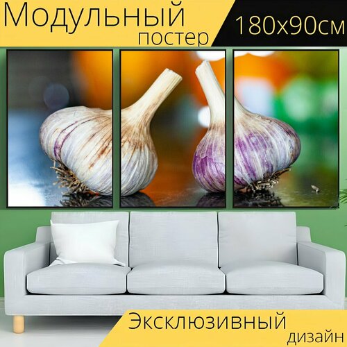Модульный постер "Чеснок, твердый чеснок, луковицы чеснока" 180 x 90 см. для интерьера