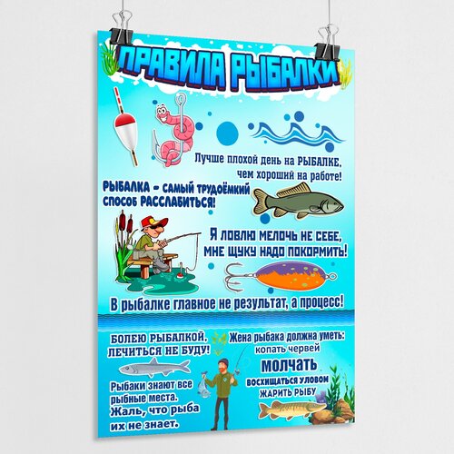 Интерьерный плакат "Правила рыбалки" / Постер для рыболовного магазина / А-0 (119x84 см.)