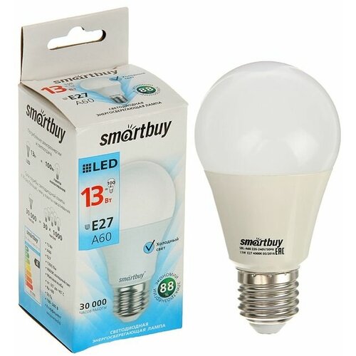 Лампа cветодиодная Smartbuy, E27, A60, 13 Вт, 4000 К, дневной белый свет