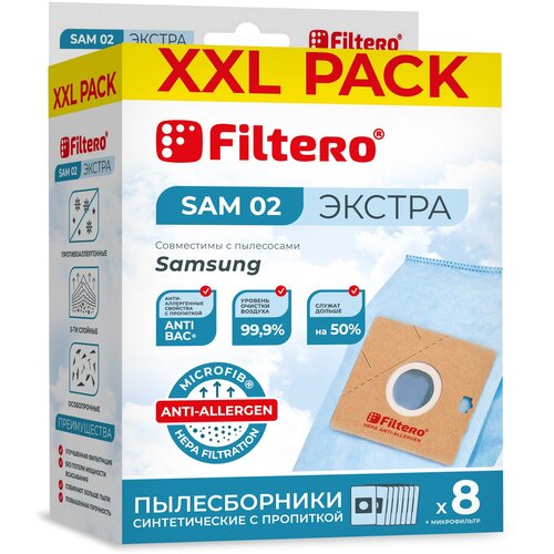 Мешки-пылесборники Filtero SAM 02 XXL Pack Экстра, для пылесосов SAMSUNG, синтетические, 8 штук+фильтр