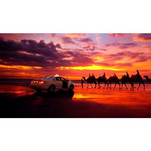 Картина на холсте 60x110 LinxOne "Облака пустыня такси закат караван" интерьерная для дома / на стену / на кухню / с подрамником