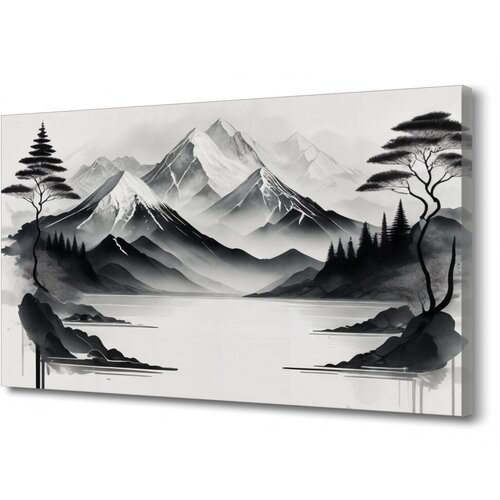 Картина на холсте "Озеро в горах. Инк арт." PRC-1708 (45x30см). Натуральный холст