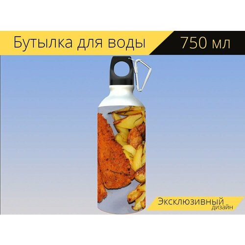 Бутылка фляга для воды "Рыбные палочки, жареный картофель, жареная рыба" 750 мл. с карабином и принтом