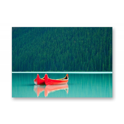 Картина на стекле | Diva Kartina | Природа. Красные лодки на зеленом озере | 100X70 см | Интерьерный постер
