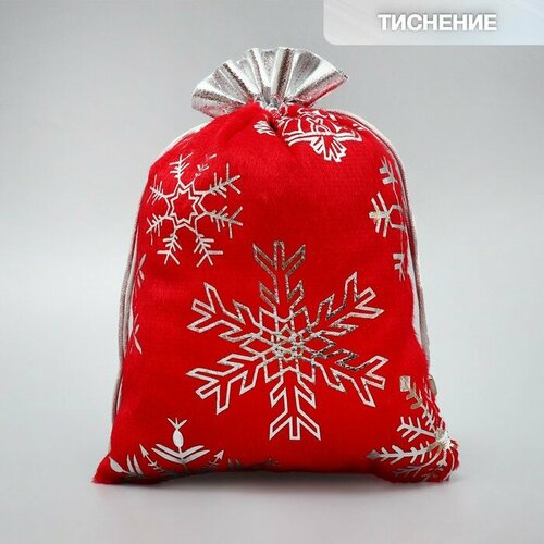 Мешочек подарочный плюш «Мешок Деда Мороза», снежинки, тиснение, 16 × 24 см +/- 1.5 см
