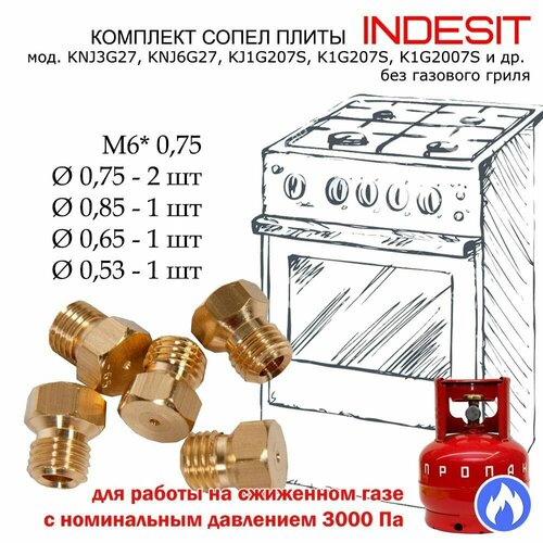 Комплект жиклеров, форсунок газовой плиты "Indesit" под балонный, сжиженный газ