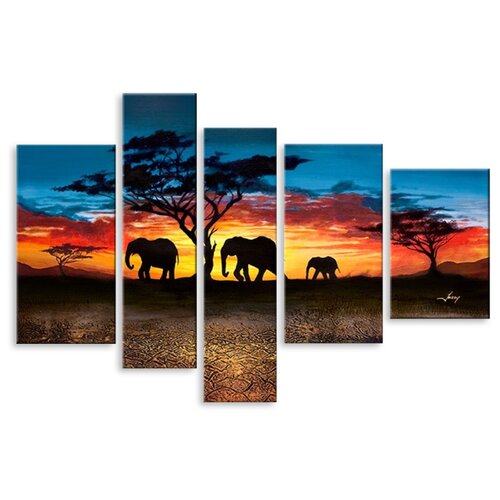 Модульная картина на холсте "Ночное путешествие слонов" 150x104 см