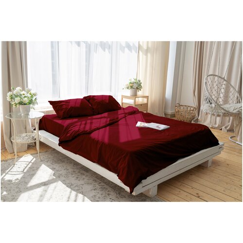 Комплект постельного белья ZonaSona с простыней на резинке, Бордовый, 2 спальный, поплин, наволочки 50х70 2 шт.