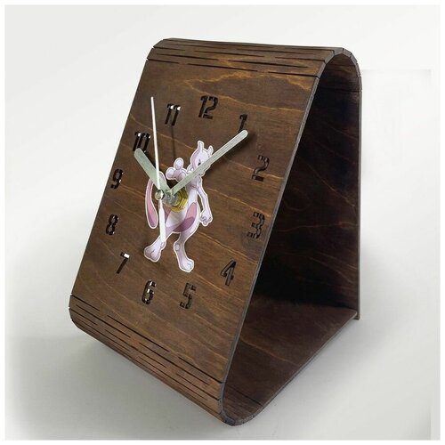 Настольные часы из дерева, цвет венге, яркий рисунок покемон мьюту - 173