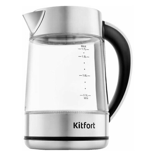 Чайник KITFORT КТ-690, 1,7 л, 2200 Вт, закрытый нагревательный элемент, LED дисплей, терморегулятор, стекло, серебро