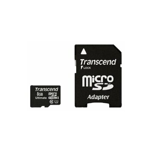 Карта памяти Transcend microSDHC 8 ГБ Class 10, UHS-I, R/W 90/45 МБ/с, адаптер на SD