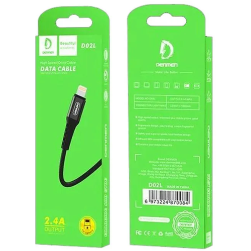 USB кабель для iPhone тканевая оплетка Denmen D02L на Lightning 2.4A 1м черный