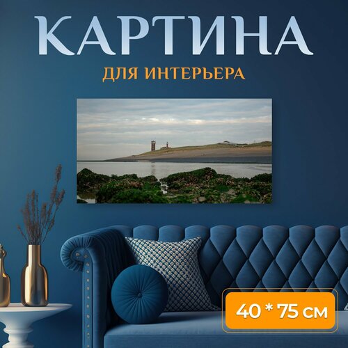 Картина на холсте "Морской берег, маяк, море" на подрамнике 75х40 см. для интерьера