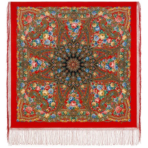 Платок Павловопосадская платочная мануфактура,148х148 см, красный, голубой
