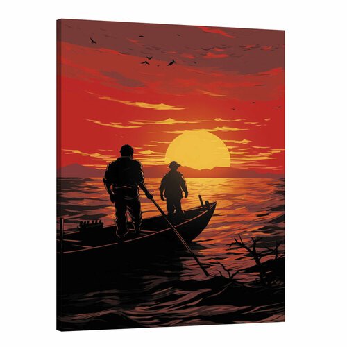Интерьерная картина 50х70 "Японские рыбаки на заходе солнца"