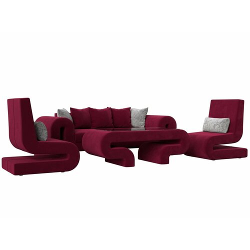 Набор Волна-2 (стол, диван, 2 кресла), Микровельвет бордовый