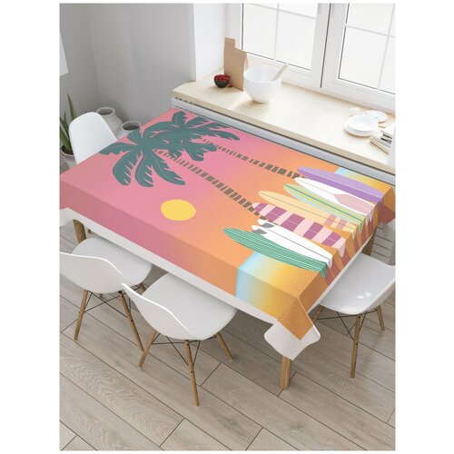 Прямоугольная тканевая скатерть на стол JoyArty с рисунком "Серфинг на закате" 145 на 180 см