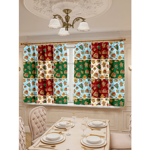 Шторы для кухни LeJoy Home из габардина "Новогодние пряники в разноцветных квадратах" 180х290 см. (2 шт. 145х180 см (каждая).