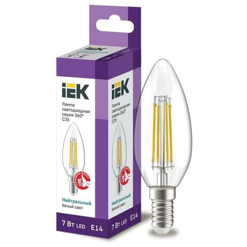 Лампа светодиодная филаментная 360° 7Вт C35 свеча 4000К E14 230В прозр. IEK LLF-C35-7-230-40-E14-CL (8шт. в упак.)