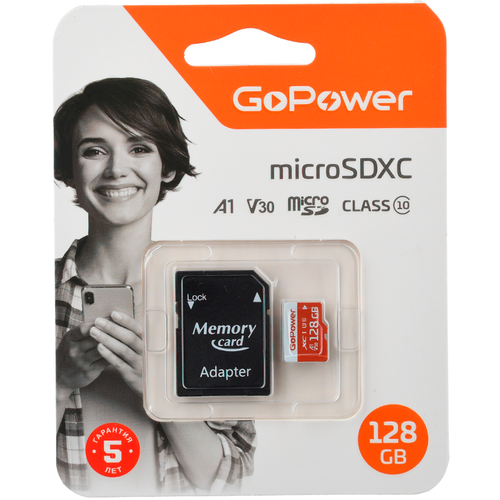 Карта памяти 128Gb MicroSD GoPower + SD адаптер (00-00025682)