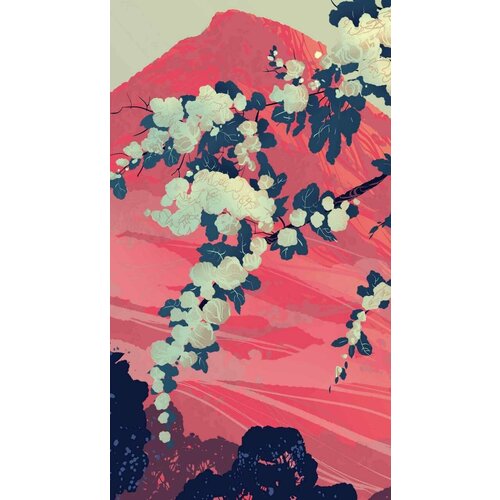 Картина на холсте 60x110 LinxOne "Гора, ветки, цветы, пейзаж, вертикальный" интерьерная для дома / на стену / на кухню / с подрамником