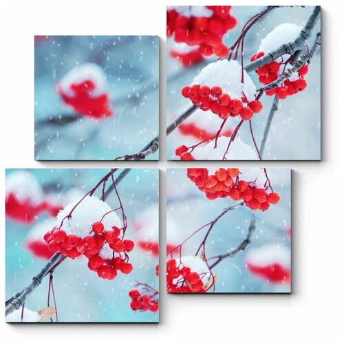 Модульная картина Первый снег укутывает спелые ягоды рябины 150x150