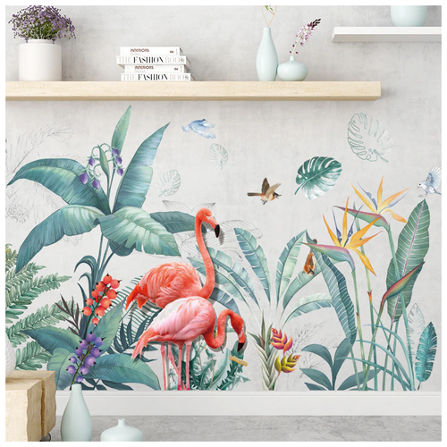 Интерьерная наклейка на стену для декора "Фламинго в цветах", 65*115 см. Декорирование для детской, кухни, спальной, гостиной
