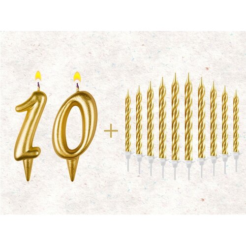 Омский Свечной Свечи для торта цифра 10 и 10 свечей столбиков SVCO_0099_10Z, цифра 10, 12 шт., золотой