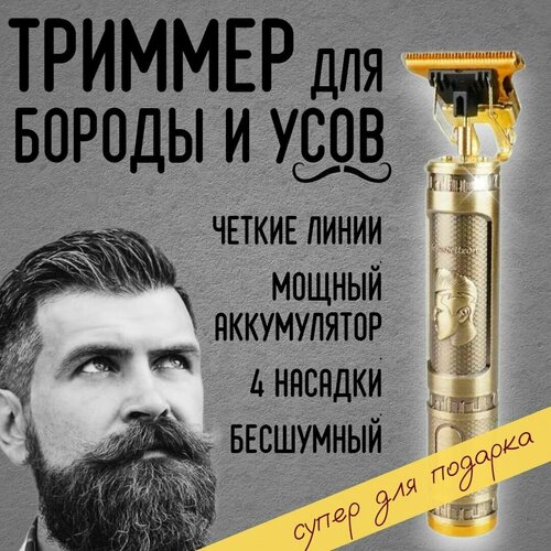 Триммер мужской аккумуляторный для бороды, усов, волос / 4 насадки, USB кабель, масло для смазывания, щетка для очистки в комплекте