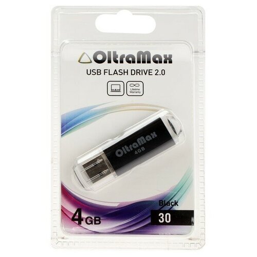 Флешка OltraMax 30, 4 Гб, USB2.0, чт до 15 Мб/с, зап до 8 Мб/с, чёрная