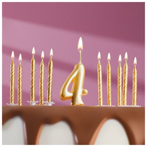Набор свечей для торта (2 в 1) золотая Цифра "4" + Свечи "С Днём Рождения" золотые 10 шт, 7 см 71508