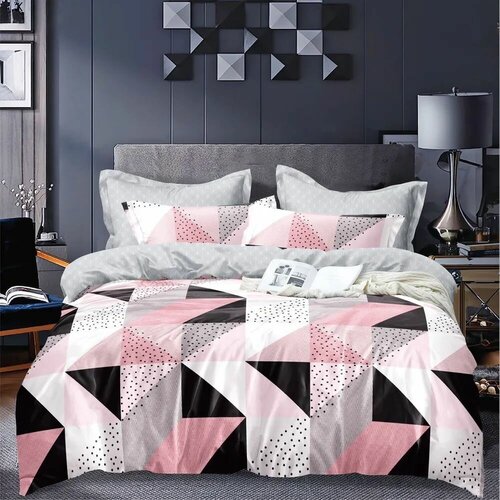 Комплект постельного белья "Mency" Сатин 1,5-спальный, 2 наволочки 70х70, пододеяльник 150х220 на молнии, простыня 150х220, розовый, черный, серый