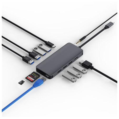Хаб WiWU Alpha 12 in 1 USB3.0x3+USB2.0x3+HDMI+RJ45+SD+TF+3.5mm Audio+PD Type C charging Gray