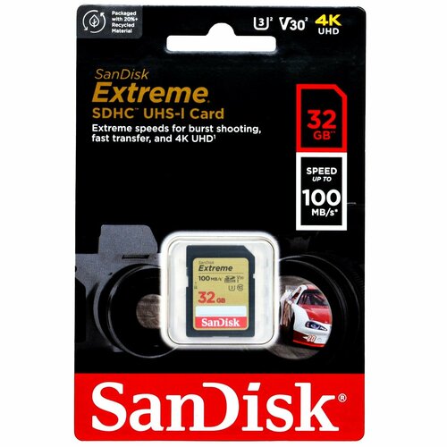 Карта памяти SanDisk Extreme SDXC 32 ГБ Class 10 UHS-I U3 V30 (R/W 170/80 Mb/s)