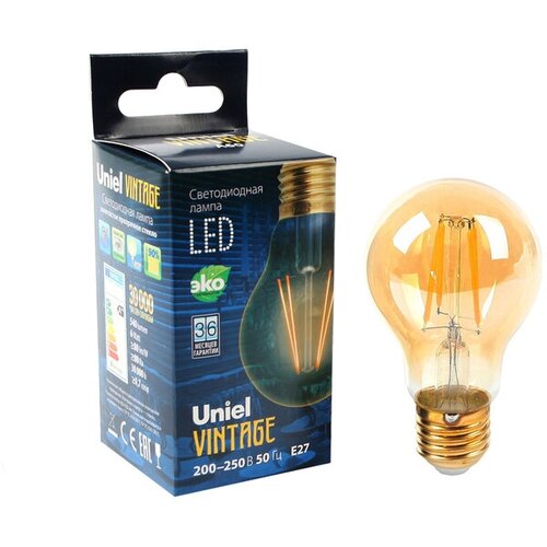Лампа светодиодная Uniel Vintage, A60, А, E27, 6 Вт, 230 В, золотистая колба