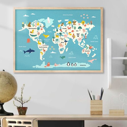 Постер без рамки "Карта мира с животными" 50 на 70 в тубусе / Картина для интерьера / Плакат / Постер на стену / Интерьерные картины