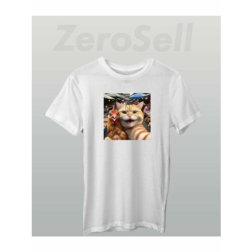 Футболка Zerosell селфи кот с курицей, размер 8XL, белый