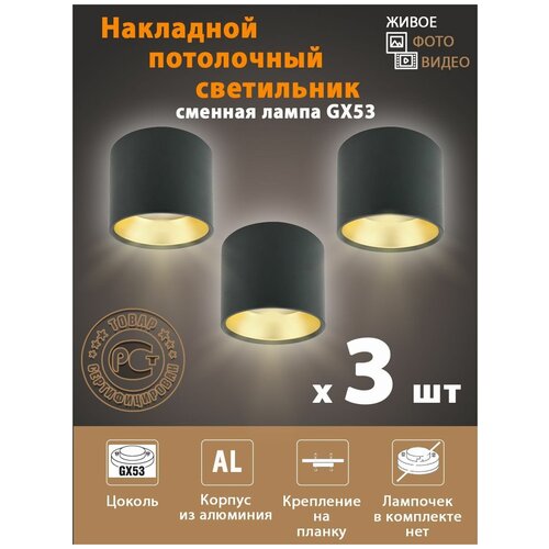 Потолочный светильник накладной точечный / спот под сменную лампу Gx53 OL8 BKGD ЭРА (комплект 3 шт) алюминий, цвет черный с золотом, потолочный спот