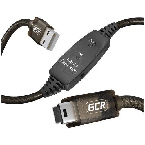 GCR Кабель активный 15.0m USB 2.0, AM/mini 5P, черно-прозрачный, с усилителем сигнала, разъём для доп. питания, 28/24 AWG