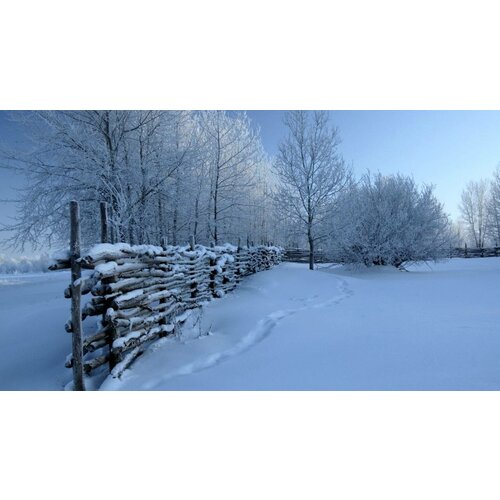 Картина на холсте 60x110 LinxOne "Зима забор снег природа" интерьерная для дома / на стену / на кухню / с подрамником