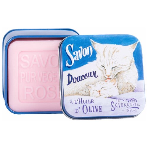 Туалетное парфюмированное мыло: с розой в металлической коробке Белые коты 100 гр. (La Savonnerie de Nyons, Франция)