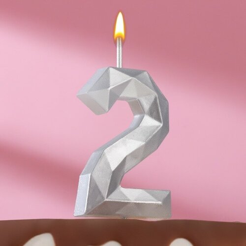 Омский свечной завод Свеча в торт на шпажке "Многогранник", цифра 2, 7 см, серебро