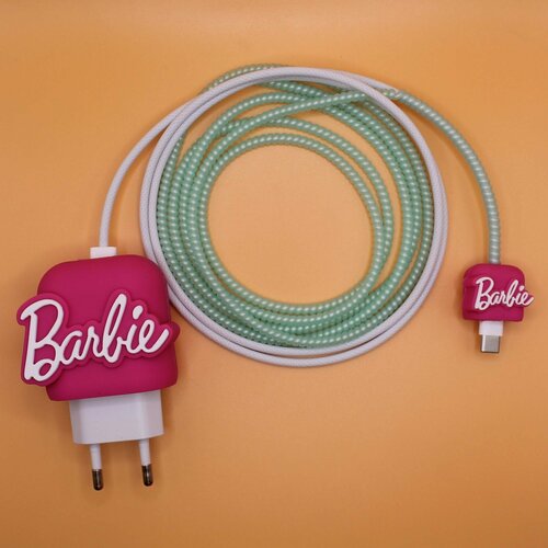 Комплект с обмоткой-спиралью для кабеля и защитный чехол для зарядки и защита кабеля от излома - Барби Barbie (зеленая)