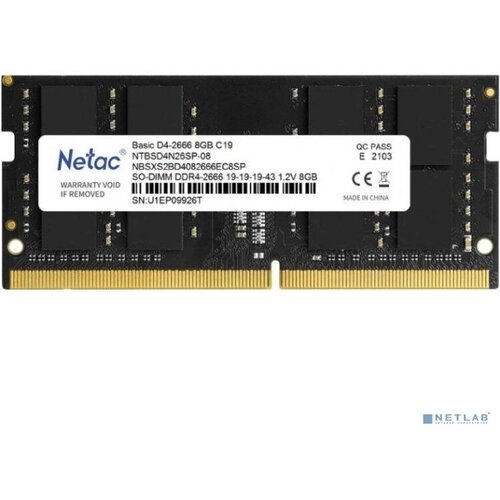 Netac Модуль памяти Память SO-DIMM DDR4 8Gb PC21300 2666MHz CL19 Netac 1.2V (NTBSD4N26SP-08) Черный