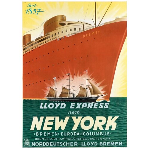 Постер / Плакат / Картина Корабли - Корабль Bremen, Lloyd express nach New York 50х70 см в подарочном тубусе