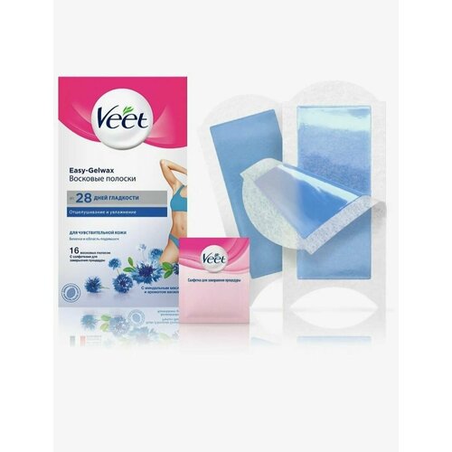 Veet. Восковые полоски Easy Gelwax с миндальным маслом и ароматом василька для чувствительной кожи бикини и области подмышек
