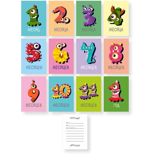Карточки А6 для фотосессий Печатник "Монстры" / Карточки для фото малыша 0-12 месяцев, двусторонние, 12 шт