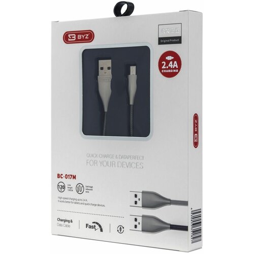 USB-кабель BYZ BC-017m AM-microBM 1.2 метра, 2.4A, ПВХ, тёмно-серый