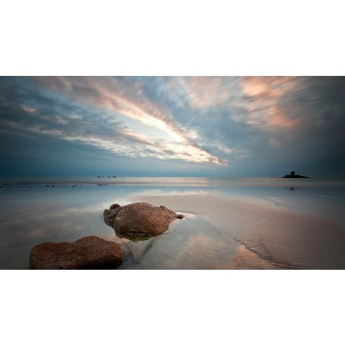 Картина на холсте 60x110 LinxOne "Море песок пляж закат камни" интерьерная для дома / на стену / на кухню / с подрамником